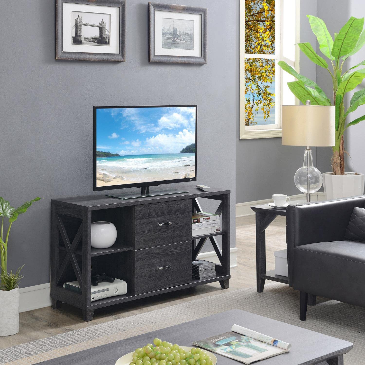 Convenience Concepts Oxford Deluxe 2 Drawer TV Stand with Shelves for TVs up to 55 Inches, Weathered Gray