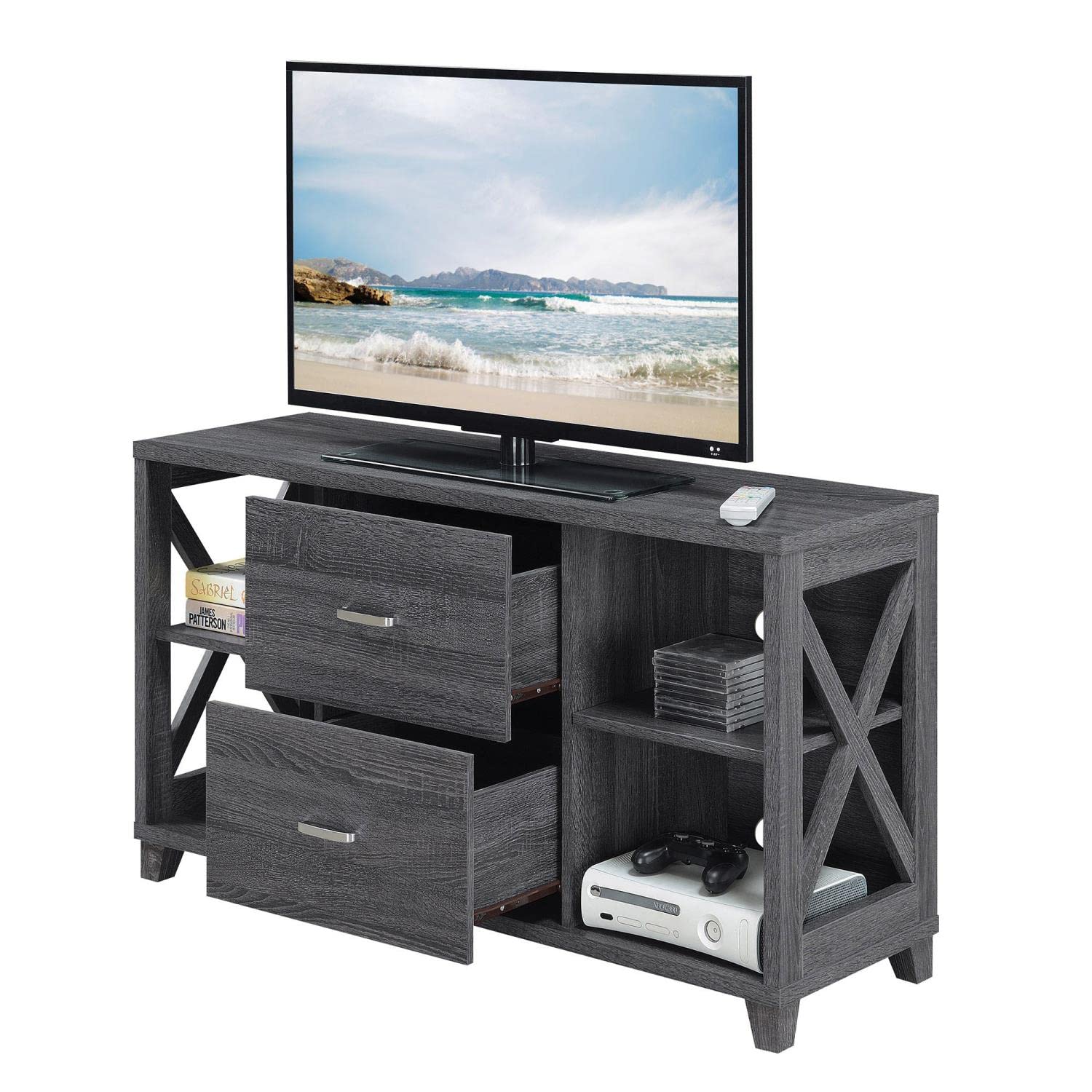 Convenience Concepts Oxford Deluxe 2 Drawer TV Stand with Shelves for TVs up to 55 Inches, Weathered Gray