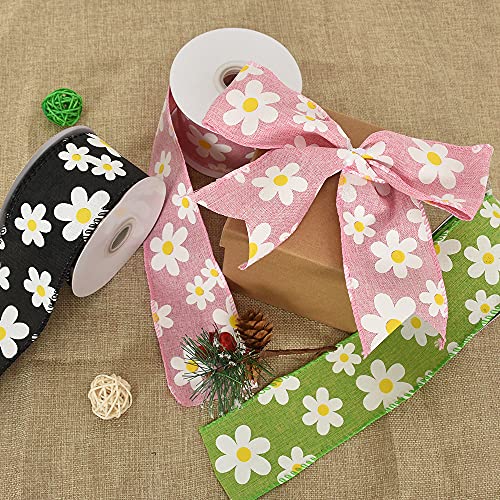 TONIFUL 2.5 Inch Wide Floral Pattern Wired Edge Ribbon Daisy Flowers Black Canvas Cloth Fabric Ribbons Roll 10 Yards for Crafts Bows Wreath Home Decor Hair Accessories Gift Wrapping