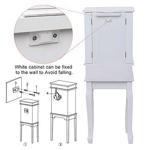 WEI WEI GLOBAL Standing Jewelry Armoire w/Top Flip Makeup Mirror, Wooden Jewelry Cabinet Chest Organizer, Stand Up Storage Display Box- 5 Drawers & 14 Necklace Hooks, White