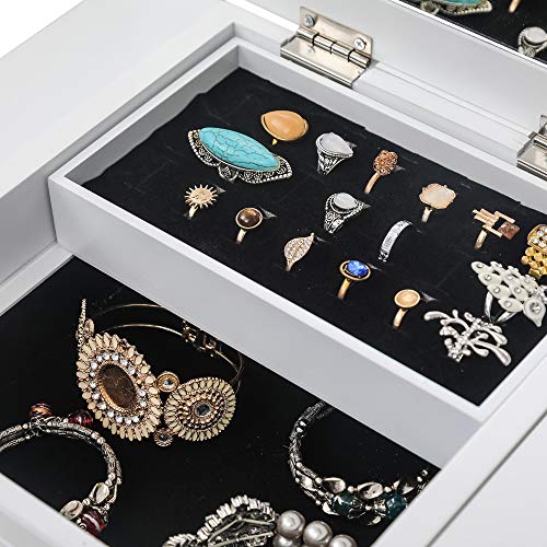 WEI WEI GLOBAL Standing Jewelry Armoire w/Top Flip Makeup Mirror, Wooden Jewelry Cabinet Chest Organizer, Stand Up Storage Display Box- 5 Drawers & 14 Necklace Hooks, White