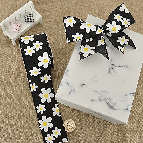TONIFUL 2.5 Inch Wide Floral Pattern Wired Edge Ribbon Daisy Flowers Black Canvas Cloth Fabric Ribbons Roll 10 Yards for Crafts Bows Wreath Home Decor Hair Accessories Gift Wrapping