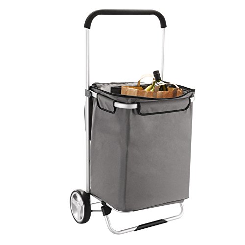 Homz 4670013 2 Large Wheels Fabric Euro Tote Aluminum Framed Storage Portable Foldable Gray Organizer Shopping Grocery Cart with Heavy Duty Polyester Bag, Large