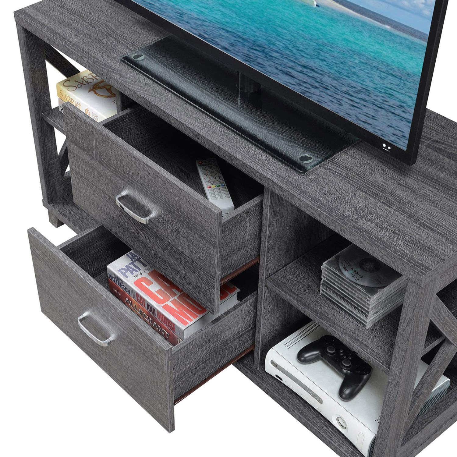 Convenience Concepts Oxford Deluxe 2 Drawer TV Stand with Shelves for TVs up to 55 Inches, Weathered Gray