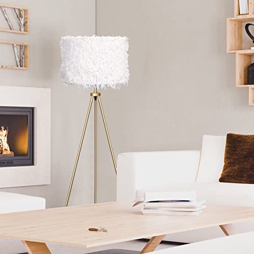 Modern Tripod Floor Lamp for Bedroom, Living Room, Gold Floor Lamps with White Cloth Fabric Shade, Faux Feather Tassels Finish