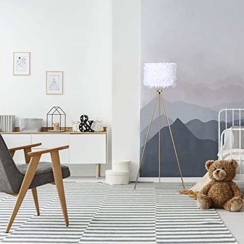 Modern Tripod Floor Lamp for Bedroom, Living Room, Gold Floor Lamps with White Cloth Fabric Shade, Faux Feather Tassels Finish