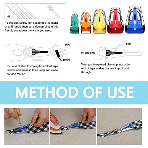 Neo LOONS Bias Tape Maker Set, Sewing Fabric Bias Tape Maker Tool Kit 6MM 9mm 12MM 18MM 25MM with 5 Pieces Cloth Clips, Awl, Sewing Craft Scissor & Soft Tape Measure Tool for Quilt Binding