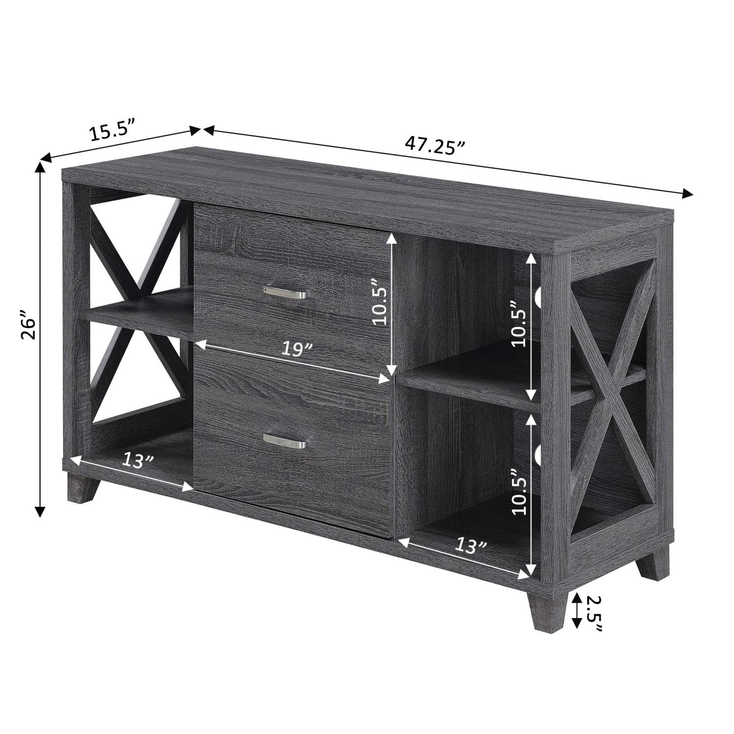 Convenience Concepts Oxford Deluxe 2 Drawer TV Stand with Shelves for TVs up to 55 Inches, Weathered Gray