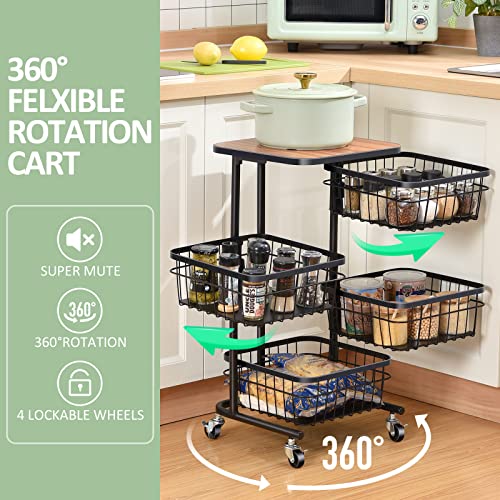 TOOLF Fruit Vegetable Basket, Rotating Storage Shelf, 5 Tier Metal Rolling Cart with Wooden Tabletop, Large Metal Baskets Rack with Wheels, Black
