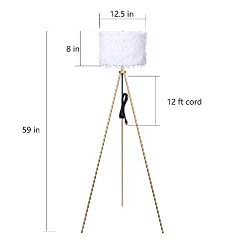Modern Tripod Floor Lamp for Bedroom, Living Room, Gold Floor Lamps with White Cloth Fabric Shade, Faux Feather Tassels Finish
