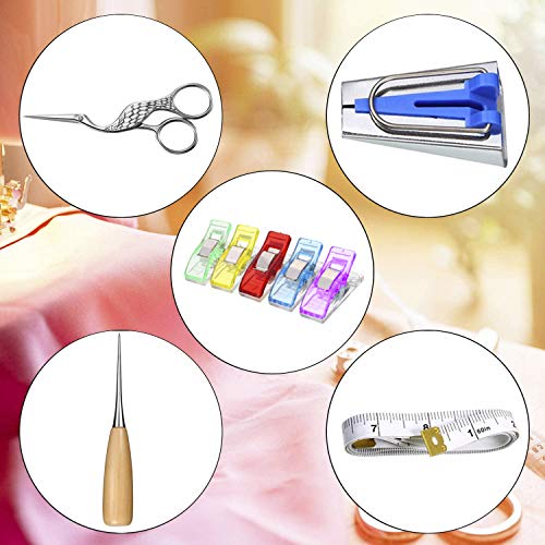 Neo LOONS Bias Tape Maker Set, Sewing Fabric Bias Tape Maker Tool Kit 6MM 9mm 12MM 18MM 25MM with 5 Pieces Cloth Clips, Awl, Sewing Craft Scissor & Soft Tape Measure Tool for Quilt Binding
