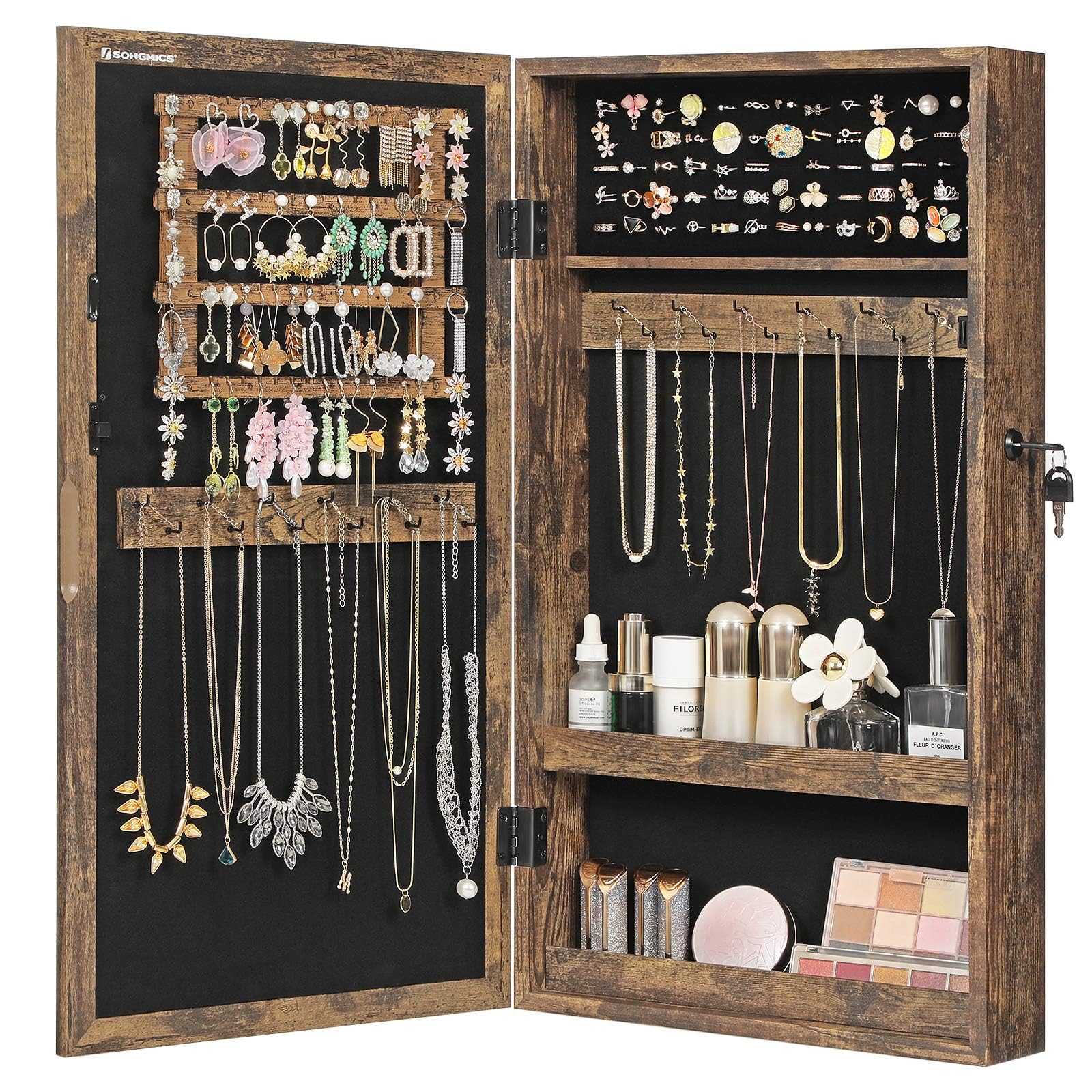 SONGMICS Lockable Jewelry Cabinet Armoire with Mirror, Wall-Mounted Space Saving Jewelry Storage Organizer, Rustic Brown UJJC051K01
