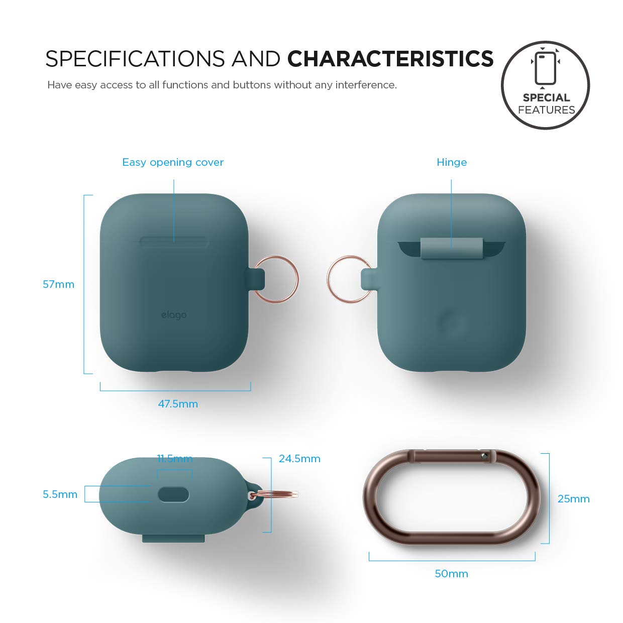 elago Silicone Case with Keychain Compatible with Apple AirPods Case 1 & 2, Front LED Visible, Supports Wireless Charging, Protective Silicone [Dark Turquoise]