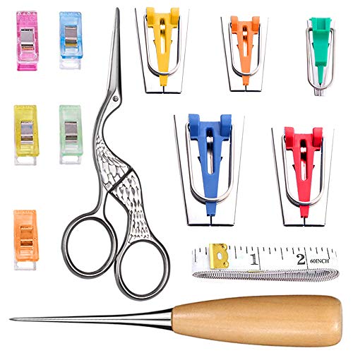 Neo LOONS Bias Tape Maker Set, Sewing Fabric Bias Tape Maker Tool Kit 6MM 9mm 12MM 18MM 25MM with 5 Pieces Cloth Clips, Awl, Sewing Craft Scissor & Soft Tape Measure Tool for Quilt Binding