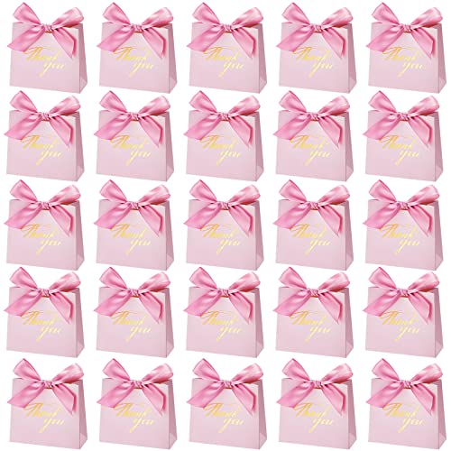 80 Pack Small Thank You Gift Bags Boxes Mini Pink Party Favor Gift Bags with Pink Bow Ribbon Treat Boxes Mini Paper Bags for Wedding Baby Shower Party Favors Bridesmaid Celebration
