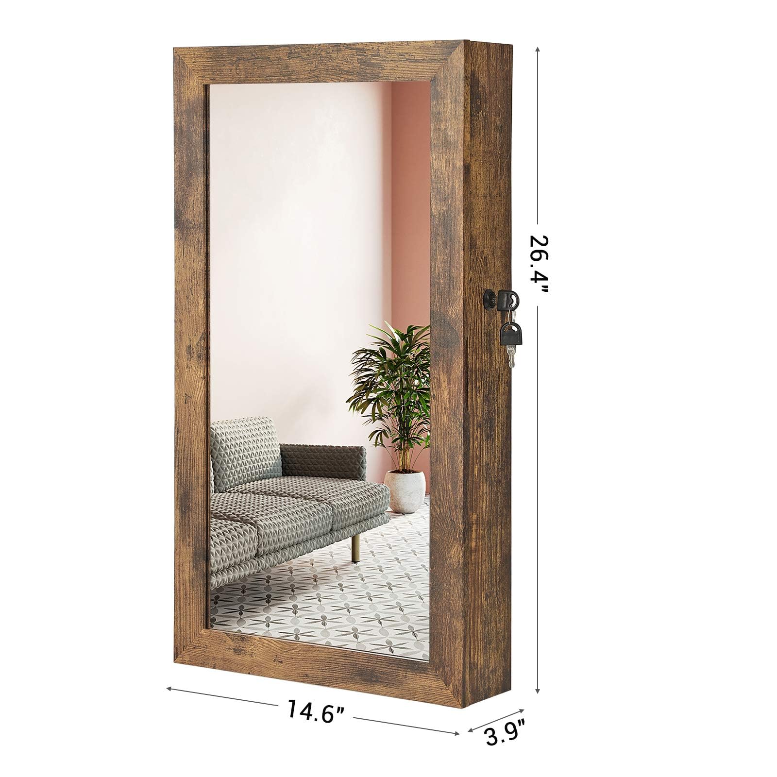 SONGMICS Lockable Jewelry Cabinet Armoire with Mirror, Wall-Mounted Space Saving Jewelry Storage Organizer, Rustic Brown UJJC051K01
