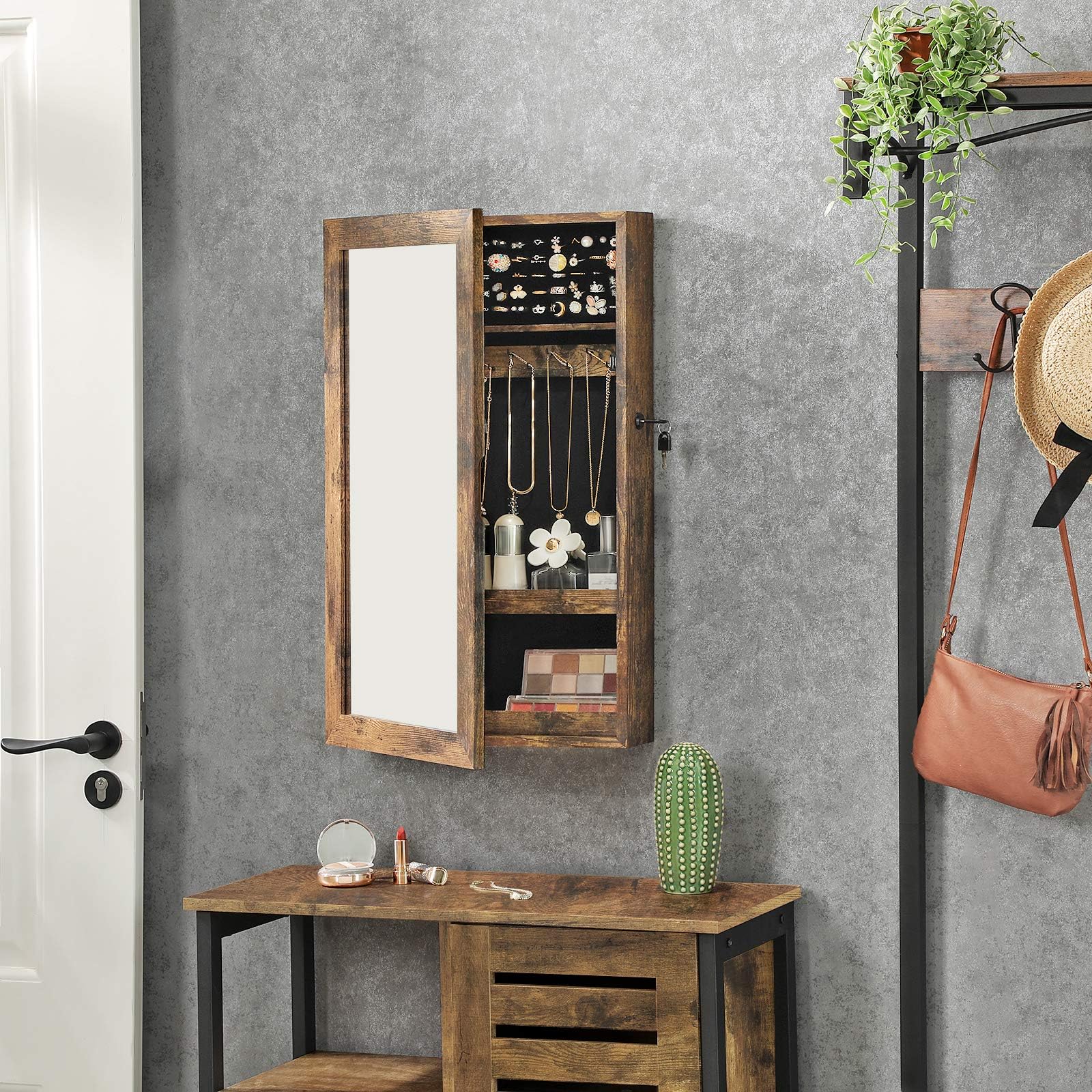 SONGMICS Lockable Jewelry Cabinet Armoire with Mirror, Wall-Mounted Space Saving Jewelry Storage Organizer, Rustic Brown UJJC051K01