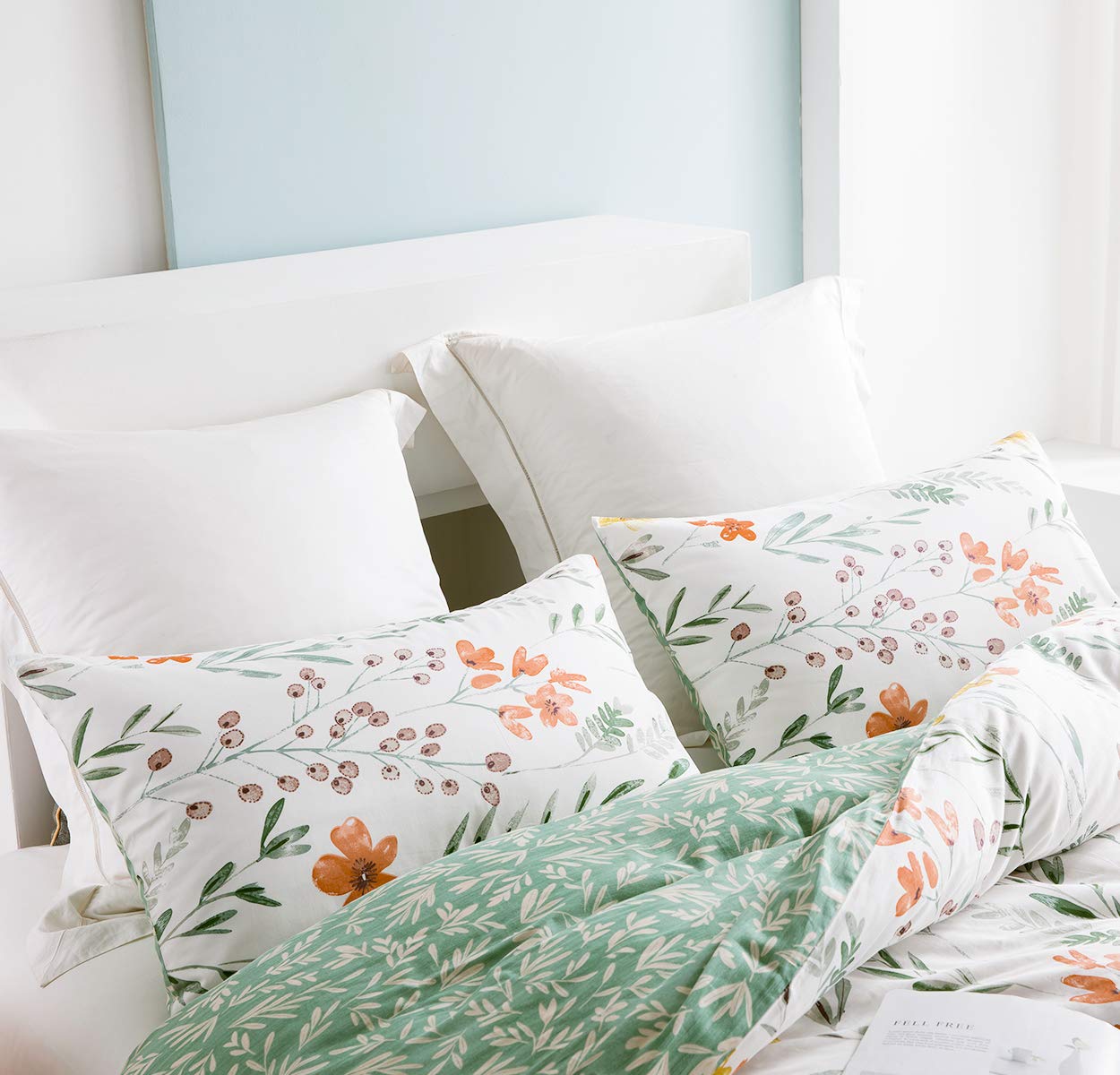 SLEEPBELLA Duvet Cover Set 600 Thread Count Cotton Bedding Set (Twin, White&Green Floral)