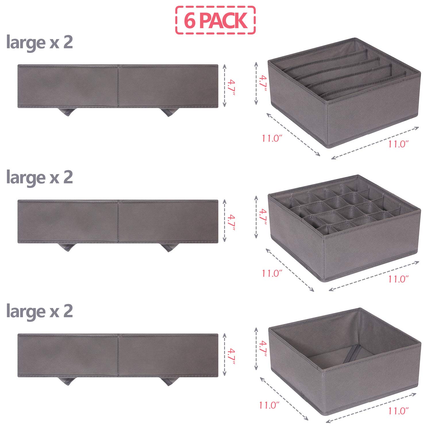 DIOMMELL 6 Pack Foldable Cloth Storage Box Closet Dresser Drawer Organizer Fabric Baskets Bins Containers Divider for Clothes Underwear Bras Socks Lingerie Clothing, M Grey 22-2000