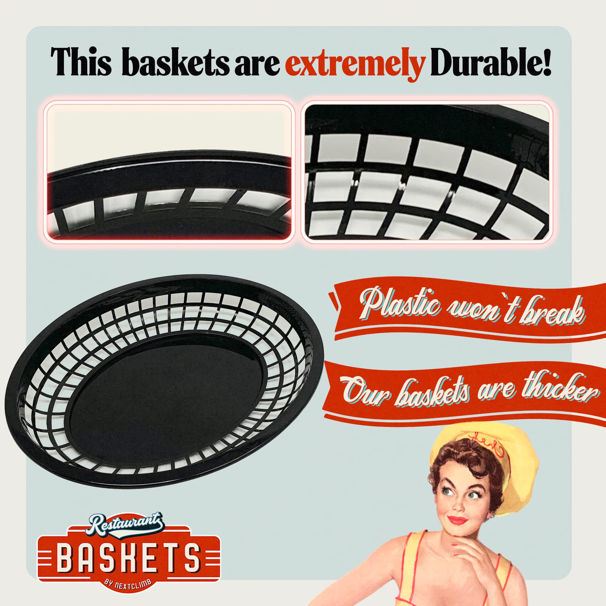 Plastic Fast Food Baskets - HUGE 12" x 9" Food Baskets For Serving - Reusable Foodservice Restaurant Diner Burger Fish Chip Sandwich Plates Tray Platter (12 Pack, Black)