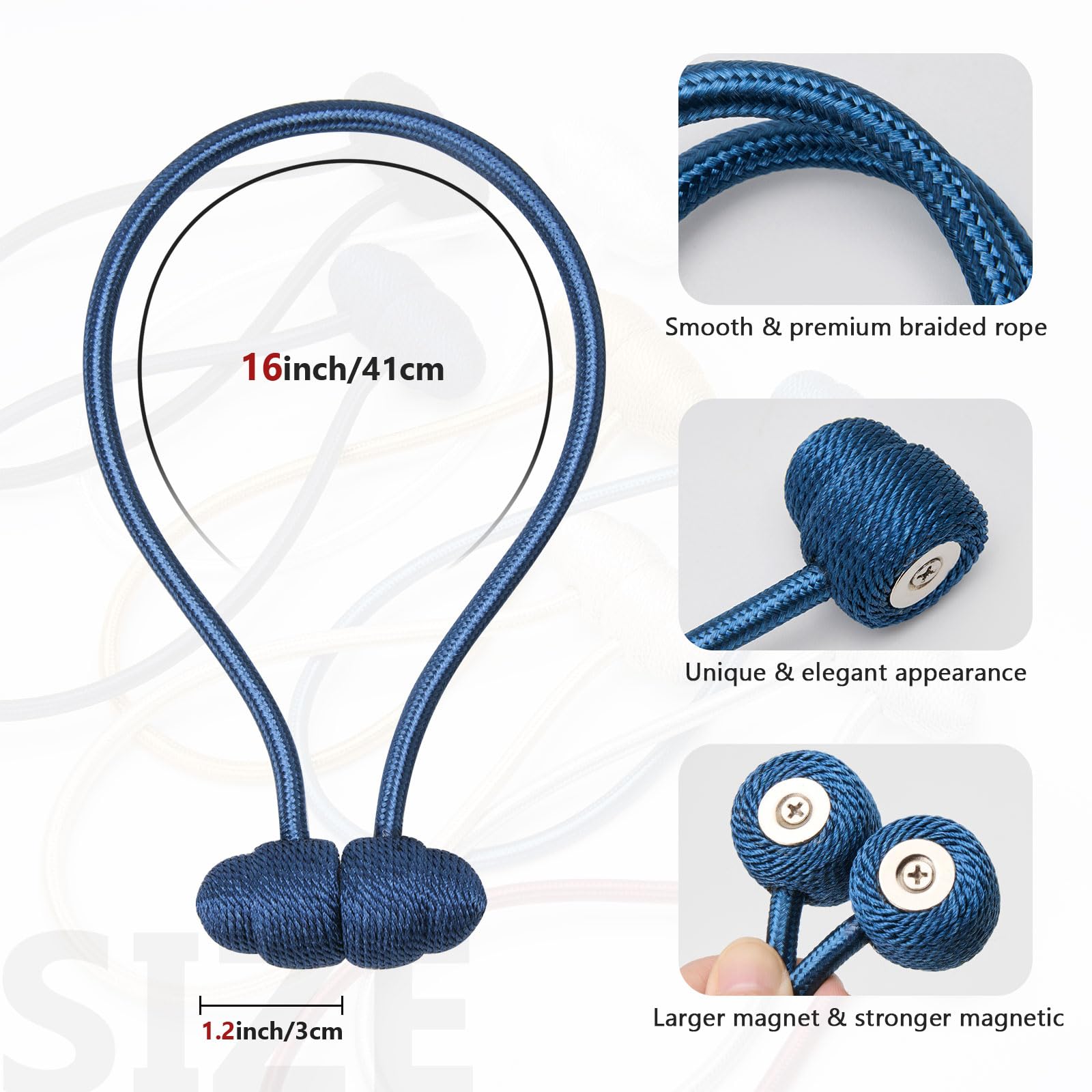 NICEEC 2 Pack Strong Magnetic Curtain Tiebacks 16 Inch Handmade Weave Rope Curtain Holdbacks 2023 Modern Elegant Decorative Curtain Drape Tie Backs for Home & Outdoor Window Drapery (Navy Blue)
