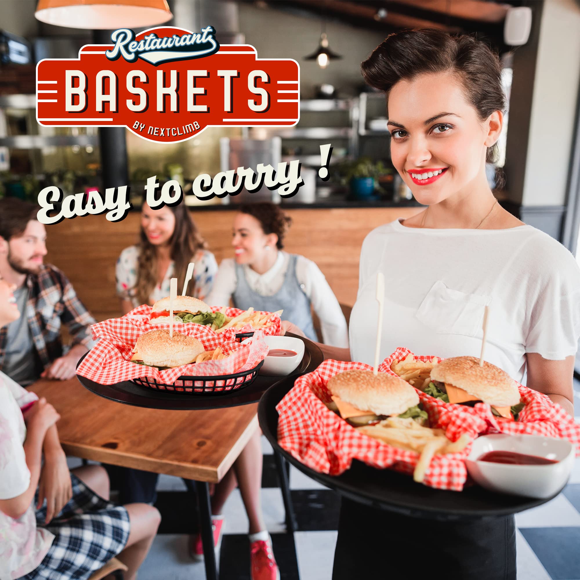 Plastic Fast Food Baskets - HUGE 12" x 9" Food Baskets For Serving - Reusable Foodservice Restaurant Diner Burger Fish Chip Sandwich Plates Tray Platter (12 Pack, Black)
