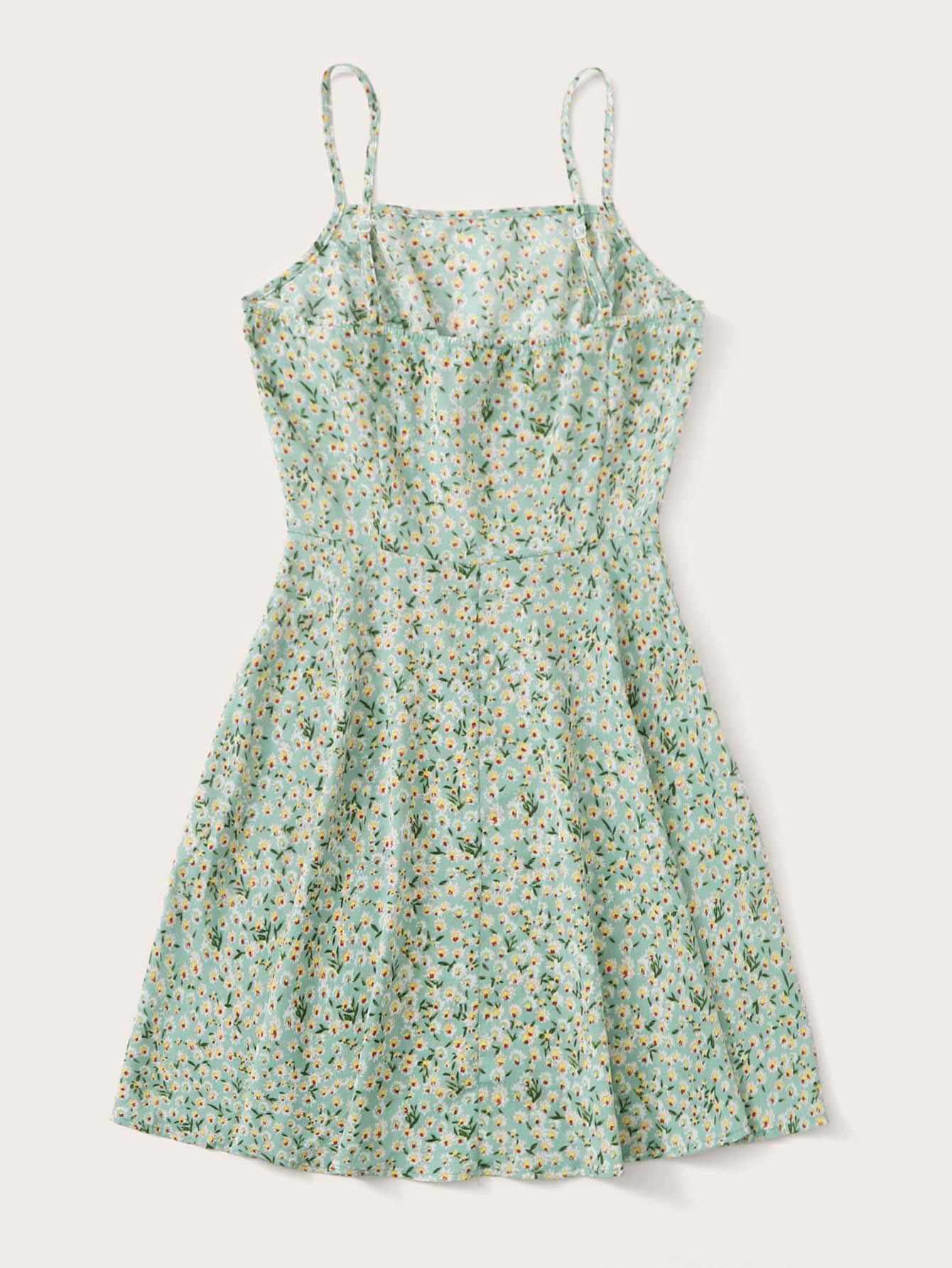 Floerns Women's Ditsy Floral High Waist Cami Short A Line Dress Green S