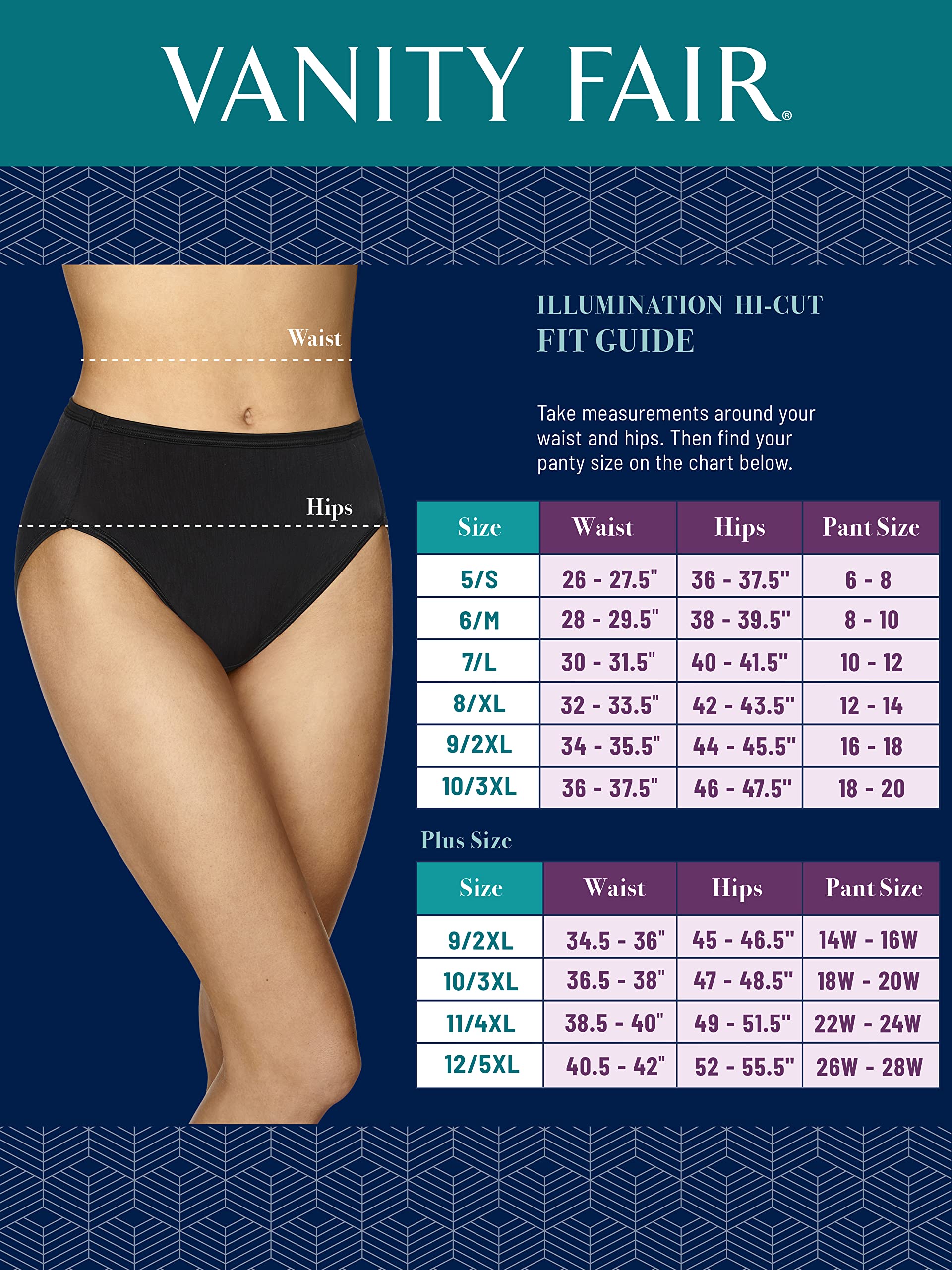 Vanity Fair Women's Illumination Hi Cut Panties, Silky Stretch & Satin Trim, 3 Pack-Midnight Black, 8