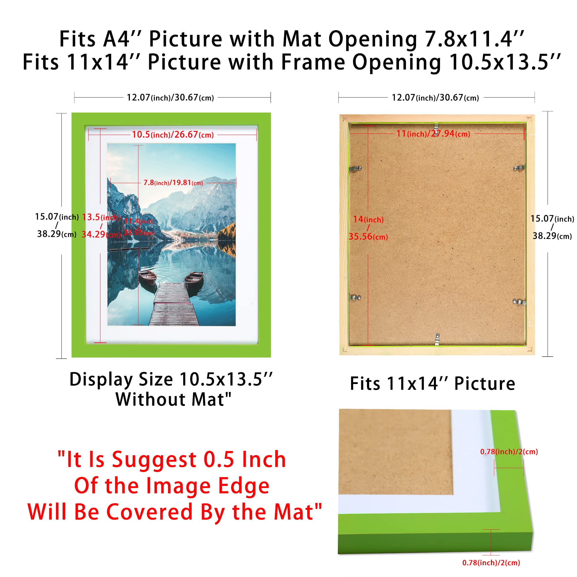 BOJIN 11x14 Picture Frames Green, Solid Wood Display Picture A4 with Mat or 11x14 Without Mat, Wall Hanging Decoration Photo Frame
