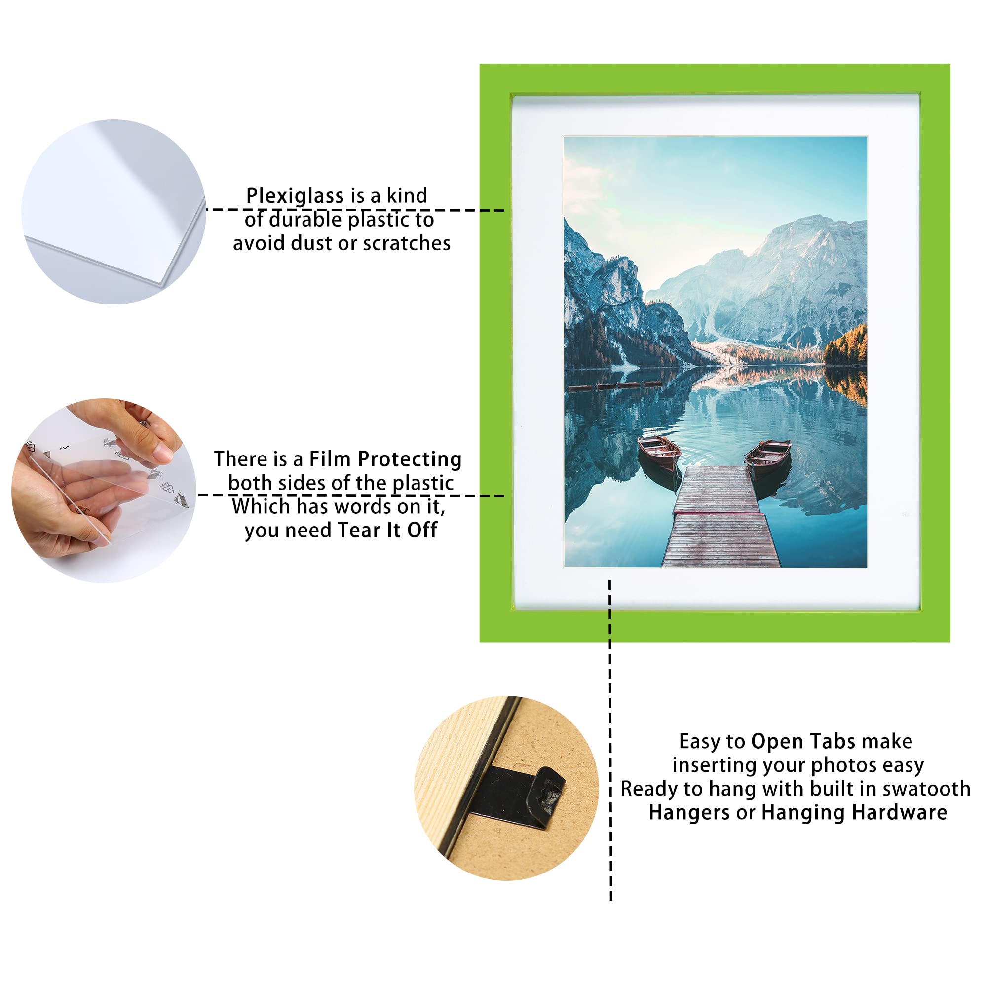 BOJIN 11x14 Picture Frames Green, Solid Wood Display Picture A4 with Mat or 11x14 Without Mat, Wall Hanging Decoration Photo Frame