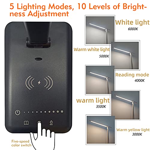 LED Desk Lamp with Wireless Charger, USB Charging Port, Table Lamp with 5 Lighting Modes & 10 Brightness Levels, Touch Control, Auto Timer, Dimmable Desk Light for Home Office (Black)
