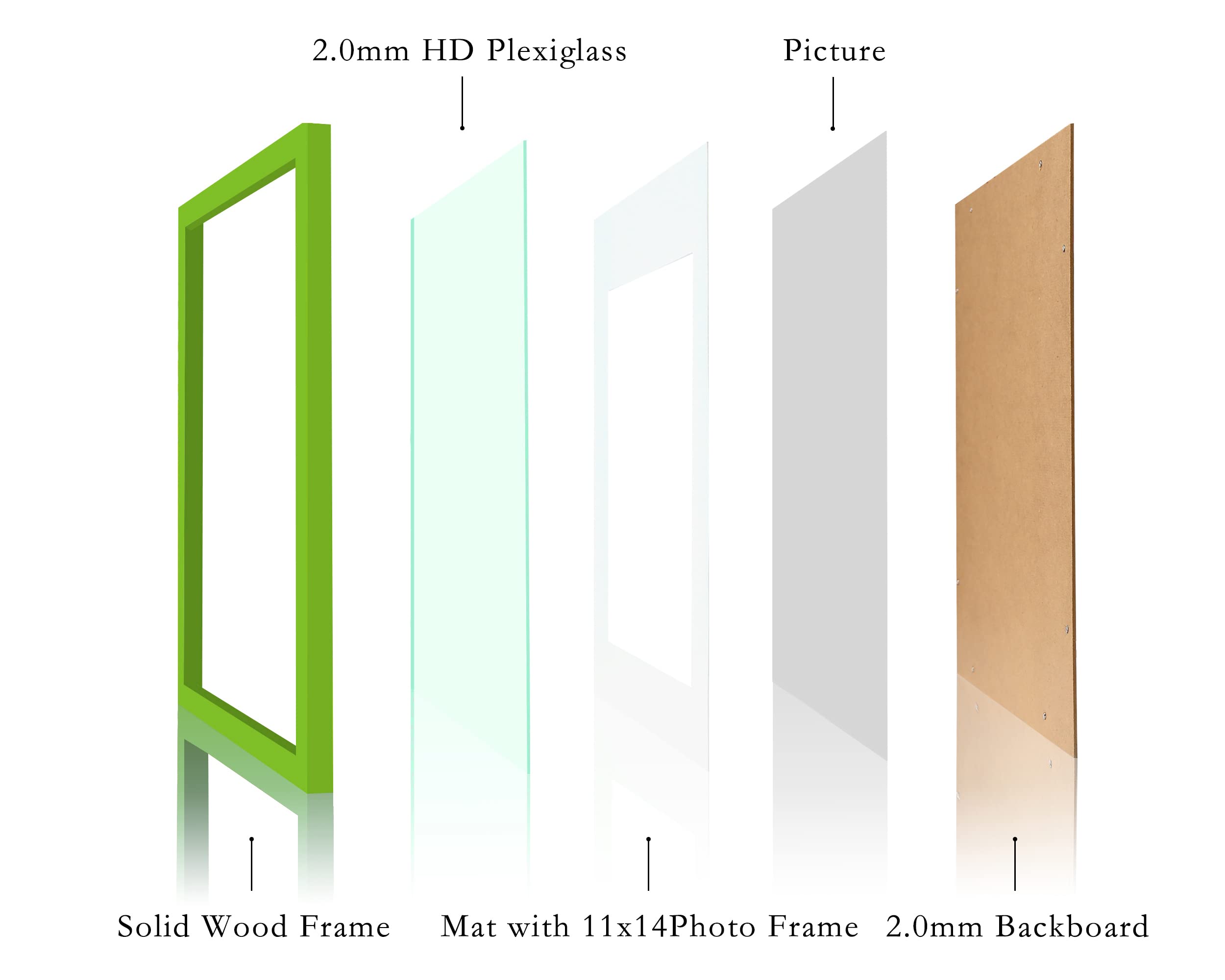 BOJIN 11x14 Picture Frames Green, Solid Wood Display Picture A4 with Mat or 11x14 Without Mat, Wall Hanging Decoration Photo Frame