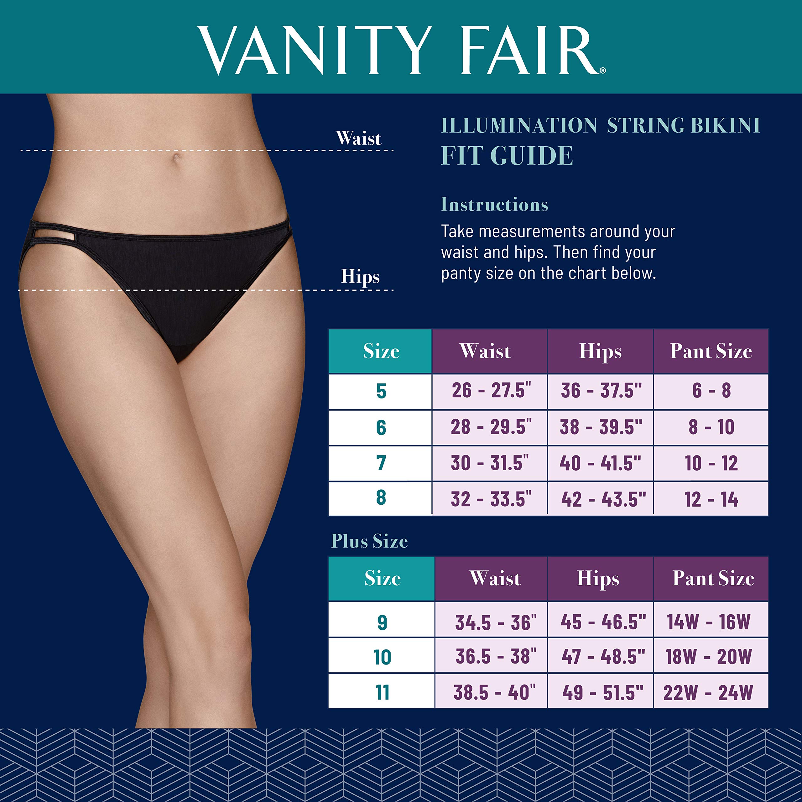 Vanity Fair Women's Illumination String Bikini Panties, Silky Stretch & Satin Trim, 3 Pack-Midnight Black, 7