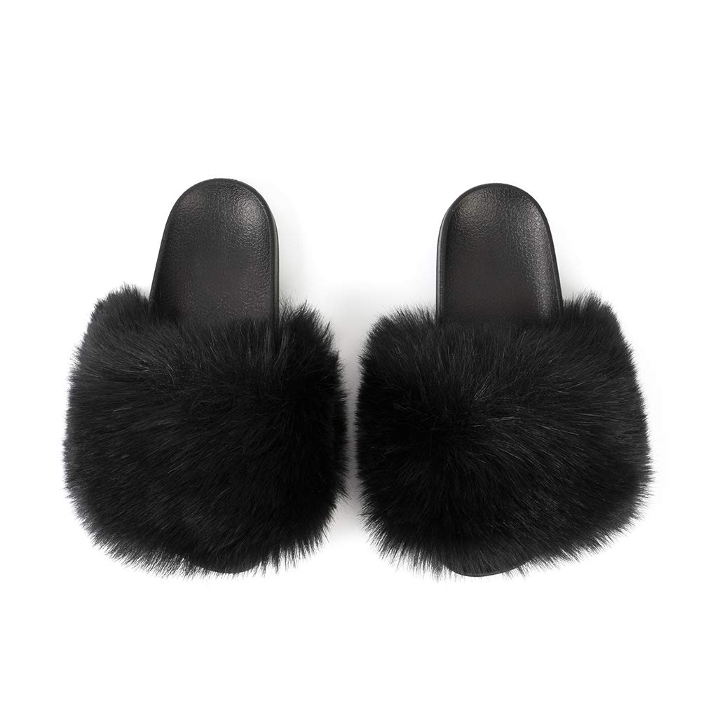 FUNKYMONKEY Women's Slides Faux Fur Cute Slip On Fuzzy Slippers Comfort Flat Sandals (10 M US, New Black)