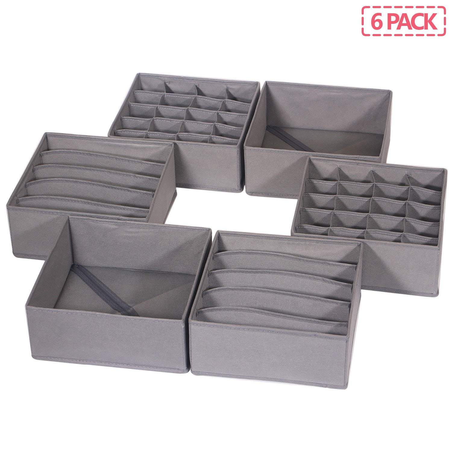 DIOMMELL 6 Pack Foldable Cloth Storage Box Closet Dresser Drawer Organizer Fabric Baskets Bins Containers Divider for Clothes Underwear Bras Socks Lingerie Clothing, M Grey 22-2000