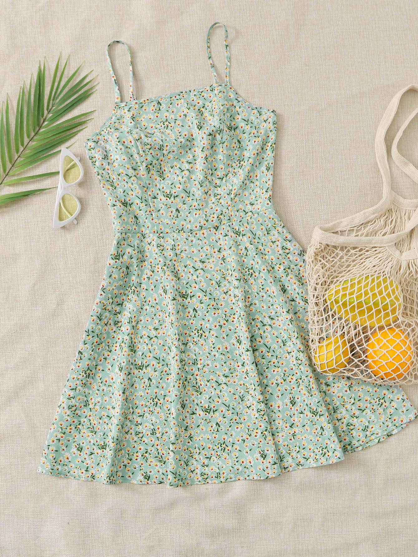 Floerns Women's Ditsy Floral High Waist Cami Short A Line Dress Green S