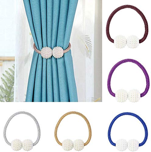 Fullgaden 2 Pcs Magnetic Curtain Tiebacks Convenient Drape Tie Backs Pearl Decorative Rope Holdback Holder for Small, Thin or Sheer Window Drapries, Light Blue