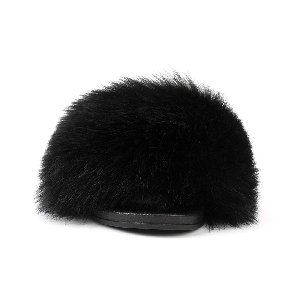 FUNKYMONKEY Women's Slides Faux Fur Cute Slip On Fuzzy Slippers Comfort Flat Sandals (11 M US, New Black)