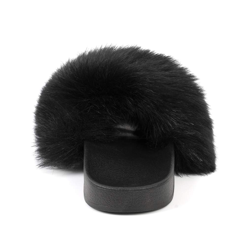 FUNKYMONKEY Women's Slides Faux Fur Cute Slip On Fuzzy Slippers Comfort Flat Sandals (11 M US, New Black)