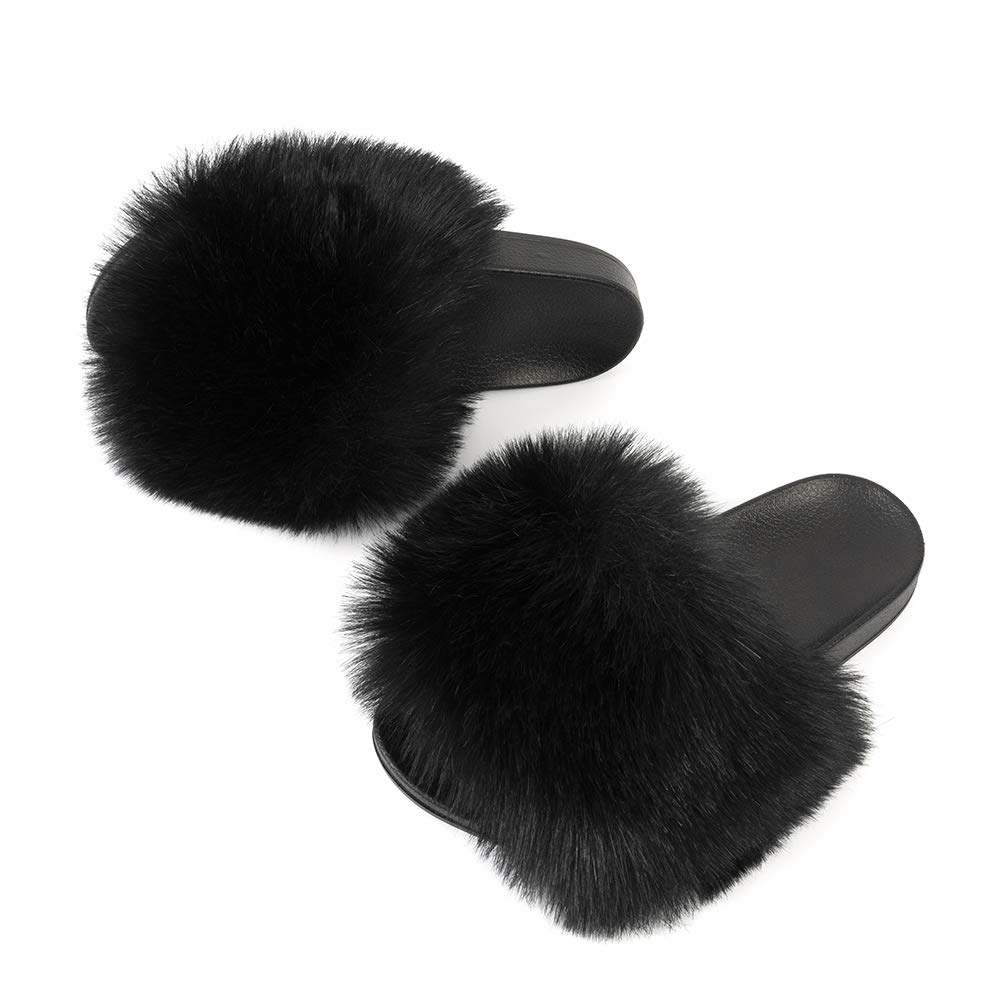 FUNKYMONKEY Women's Slides Faux Fur Cute Slip On Fuzzy Slippers Comfort Flat Sandals (11 M US, New Black)