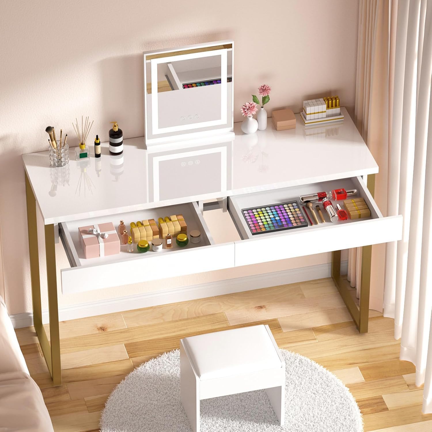 GreenForest Vanity Desk with 2 Drawers,39 inch White Desk with Glossy Desktop Easy Clean,Makeup Dressing Table with Metal Gold Legs for Home Office Small Spaces,Bedroom