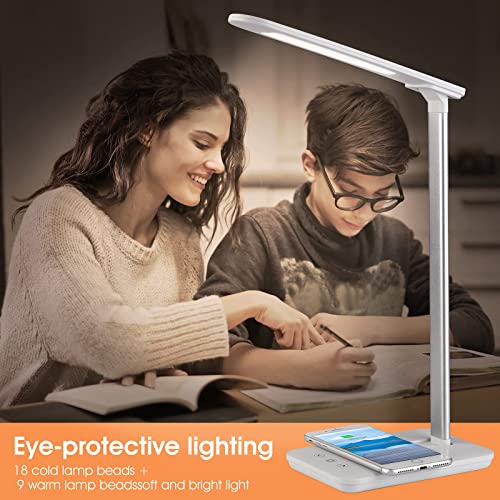 SUNNEST LED Desk Lamp, Adjustable Desk Light with Wireless Charger, USB Charging Port, 3 Color Modes Desk Light for Home Offic, Touch Control Infinitely Dim and Brighten
