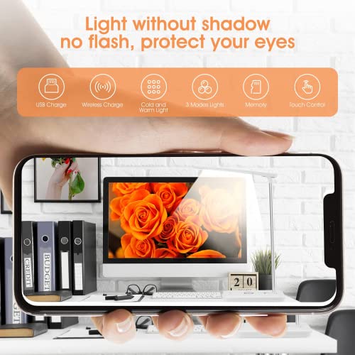 SUNNEST LED Desk Lamp, Adjustable Desk Light with Wireless Charger, USB Charging Port, 3 Color Modes Desk Light for Home Offic, Touch Control Infinitely Dim and Brighten