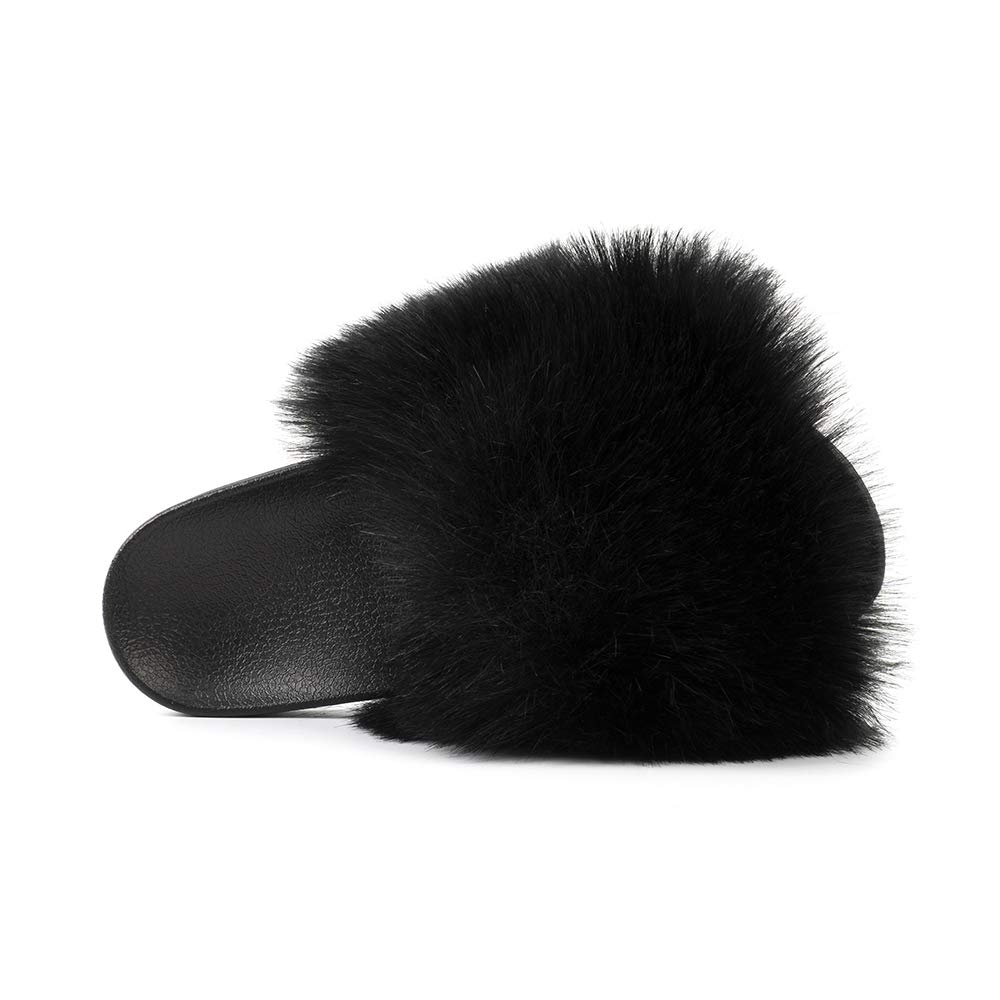 FUNKYMONKEY Women's Slides Faux Fur Cute Slip On Fuzzy Slippers Comfort Flat Sandals (11 M US, New Black)