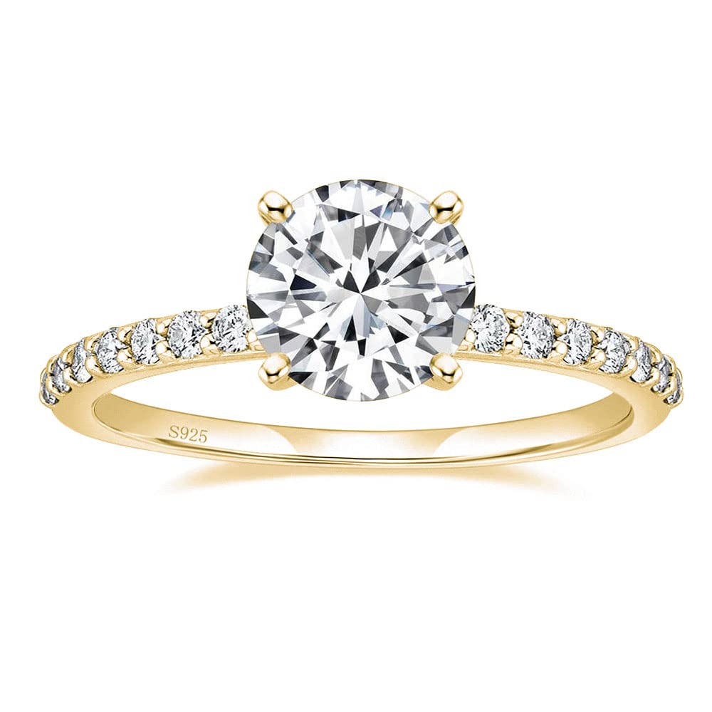 EAMTI 925 Sterling Silver 1.25 CT Yellow Gold Round Solitaire CZ Engagement Ring Halo Promise Wedding Ring Size 6