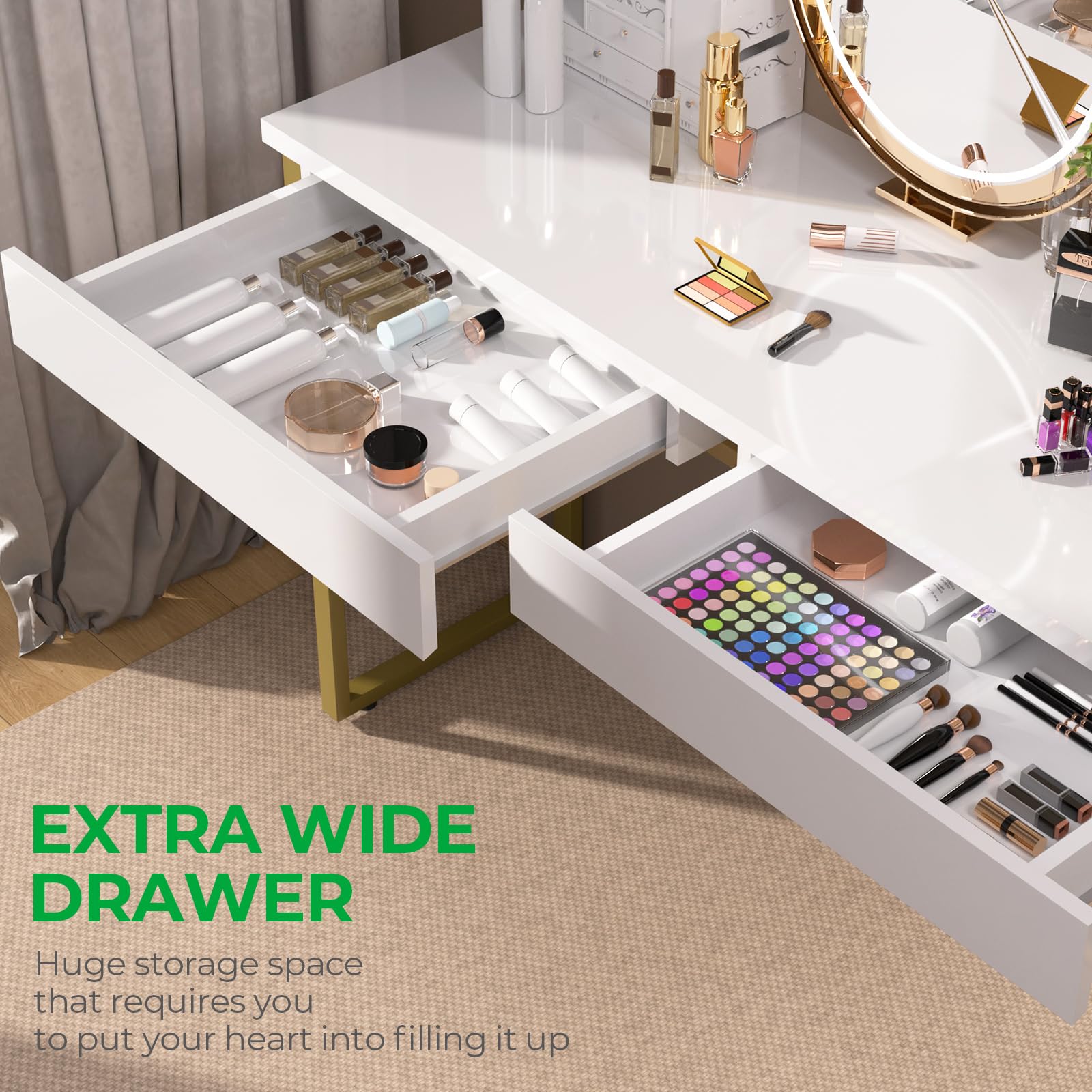 GreenForest Vanity Desk with 2 Drawers,39 inch White Desk with Glossy Desktop Easy Clean,Makeup Dressing Table with Metal Gold Legs for Home Office Small Spaces,Bedroom