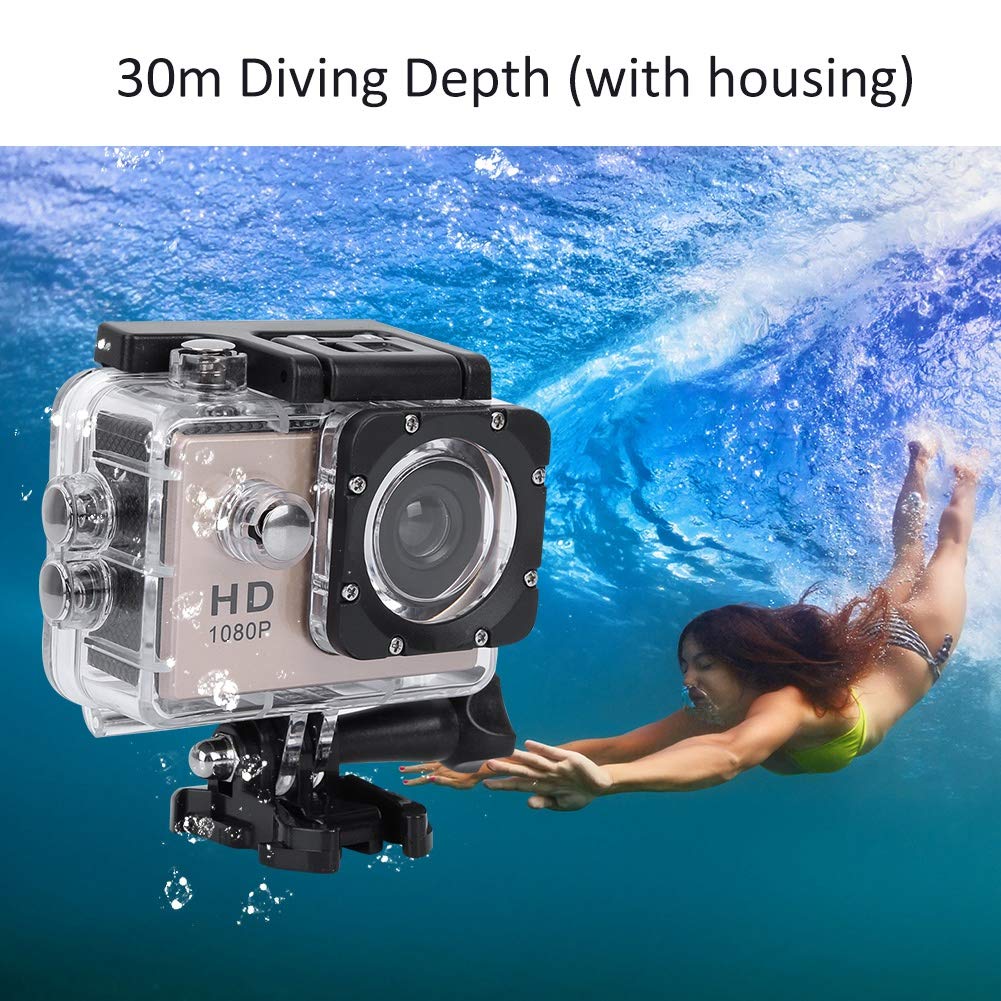 Bindpo Action Camera, 1080P 30fps 12MP 30M Sports Camera 2 Inch with Accessories for Vlogging, Diving, Skiing(Gold)