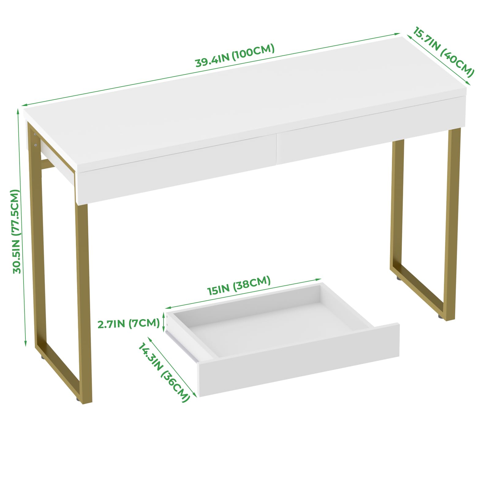 GreenForest Vanity Desk with 2 Drawers,39 inch White Desk with Glossy Desktop Easy Clean,Makeup Dressing Table with Metal Gold Legs for Home Office Small Spaces,Bedroom