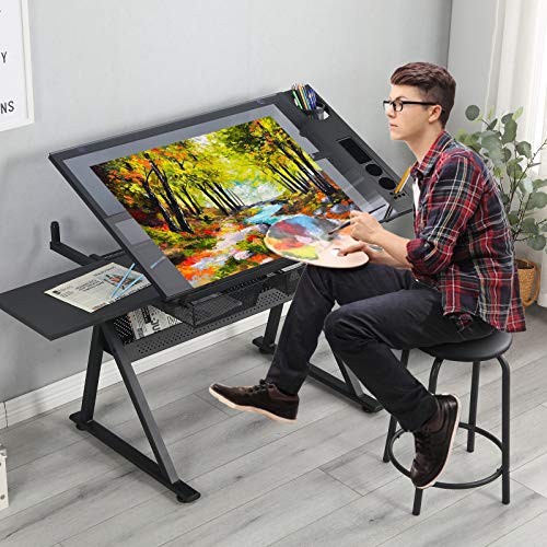 KAAYEE Premium Drawing Draft Table - Height Adjustable Draft Drawing Desk,Up to 72°Tiltable Glass top w/Stool and Drawers for Reading, Writing Art Craft Work Station