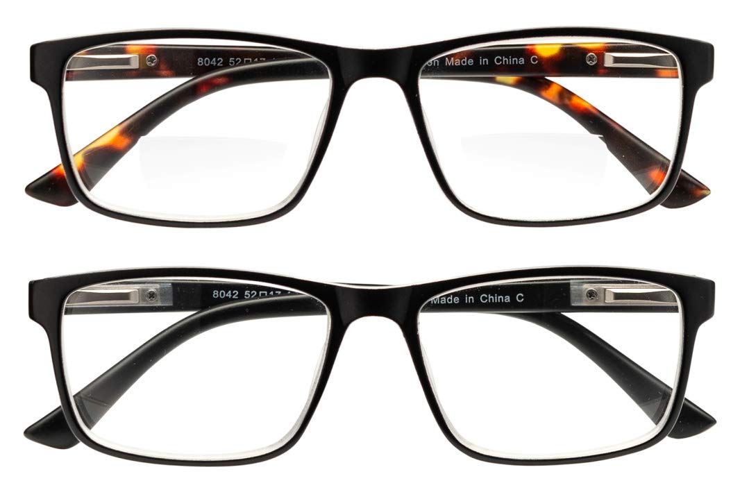 Yogo Vision Bifocal Reading Glasses for Men and Women, Rectangle MultiFocal Readers with Spring Hinges, Retro Design Black/Havana 1.75